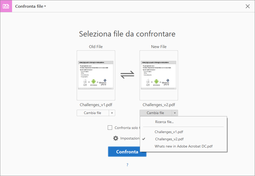 Confrontare due versioni di un file PDF in Adobe Acrobat