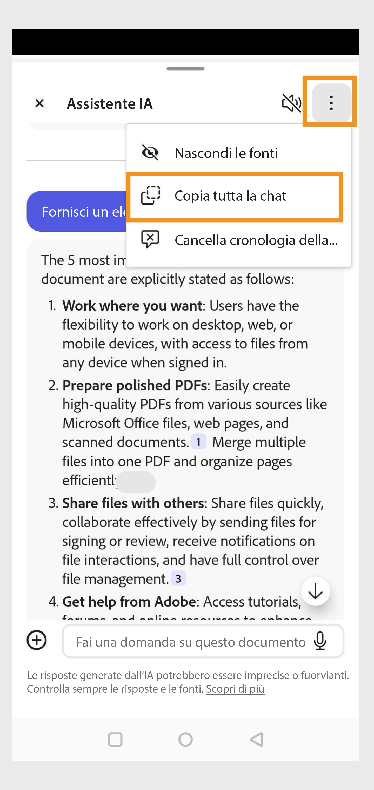 Funzioni di IA generativa in Acrobat per dispositivi mobili