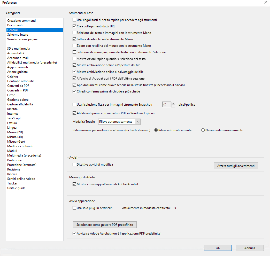 Visualizzare i PDF e preferenze di visualizzazione, Adobe Acrobat