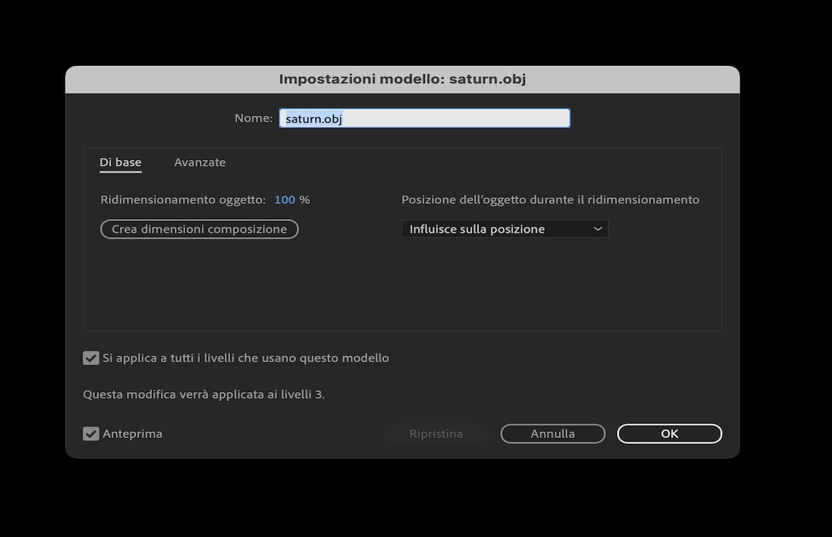 Importare e aggiungere modelli 3D alla composizione (Beta)
