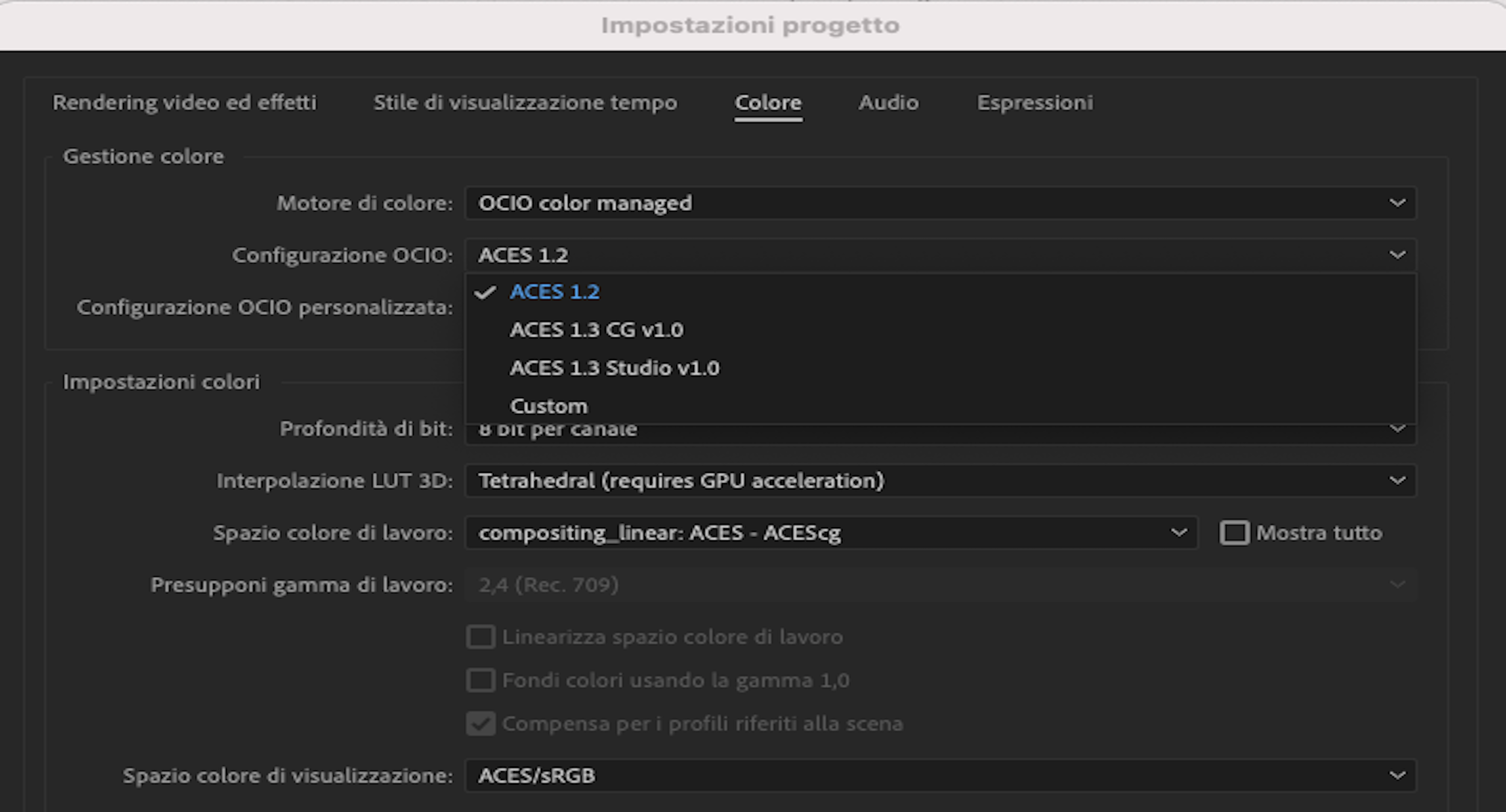 Gestione del colore OpenColorIO e ACES