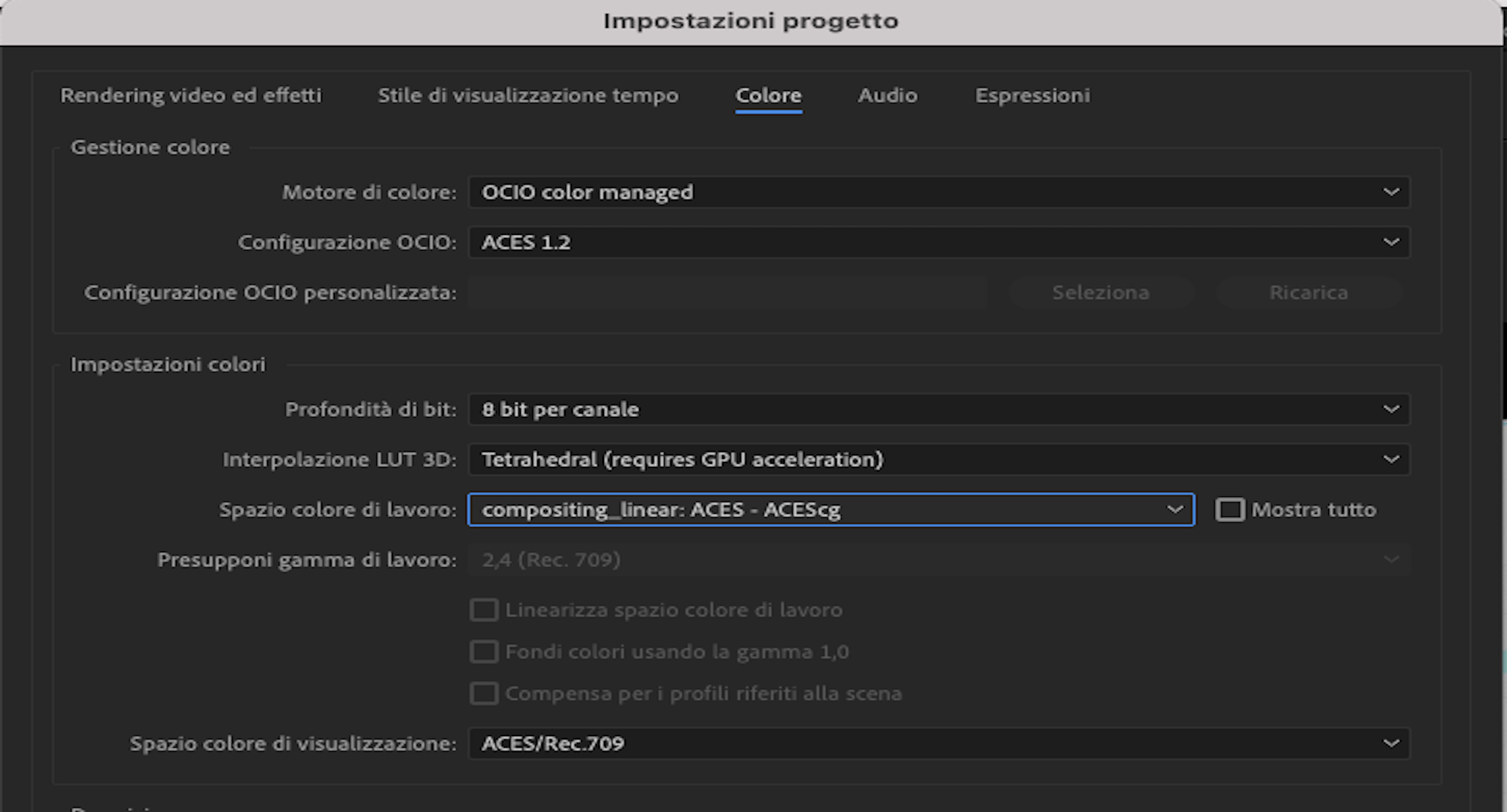 Gestione del colore OpenColorIO e ACES