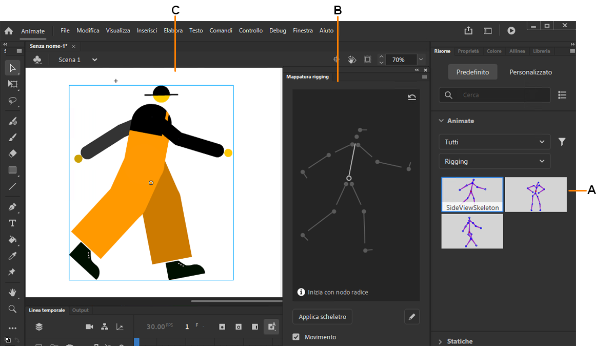 Utilizzare il rigging dei personaggi in Animate