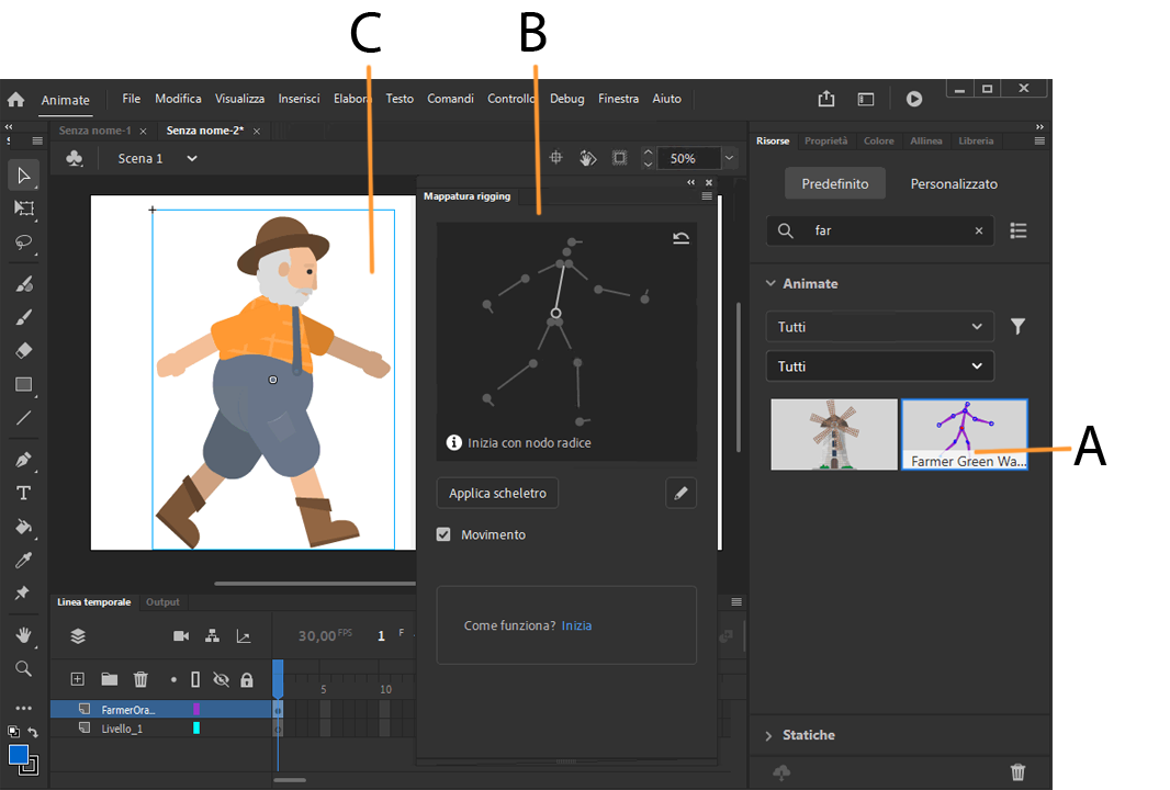 Utilizzare il rigging dei personaggi in Animate