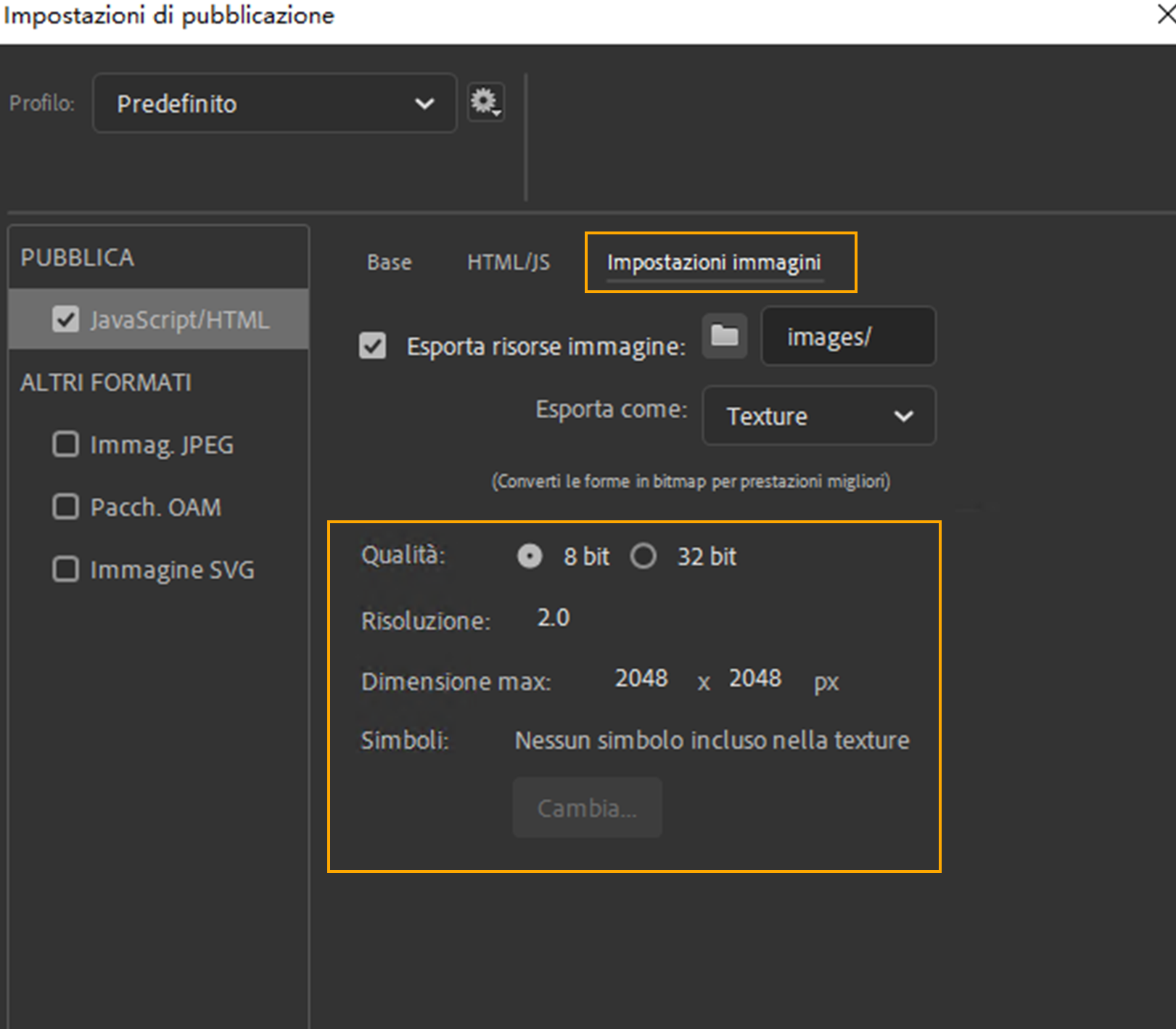Esportare animazioni per dispositivi mobili e motori grafici