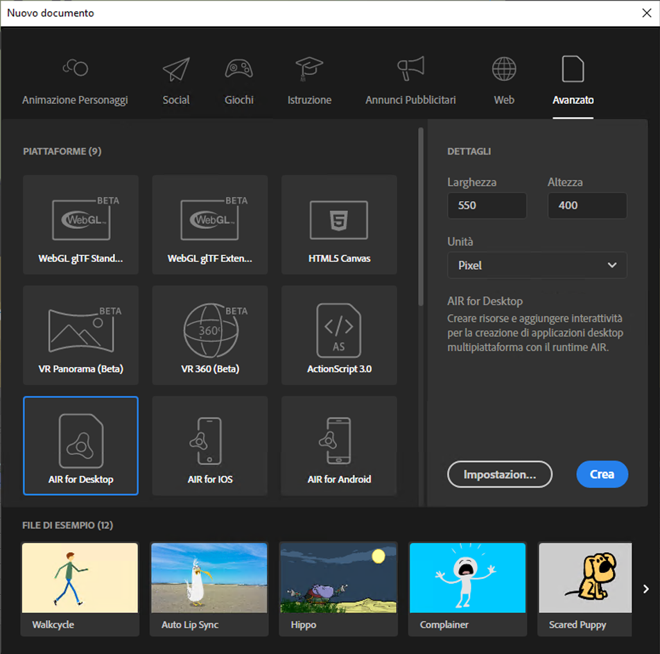 Pubblicazione per Adobe AIR per desktop in Animate