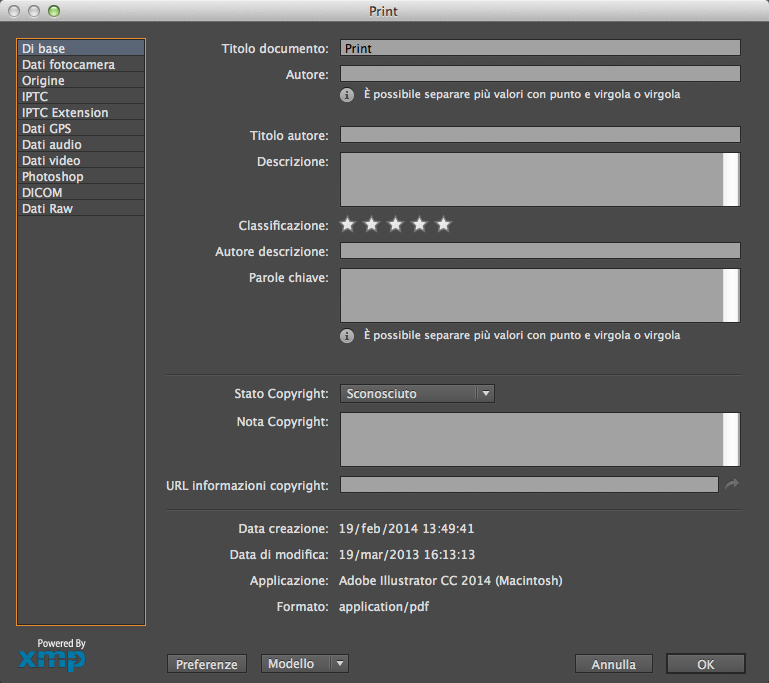 Finestra di dialogo Info file