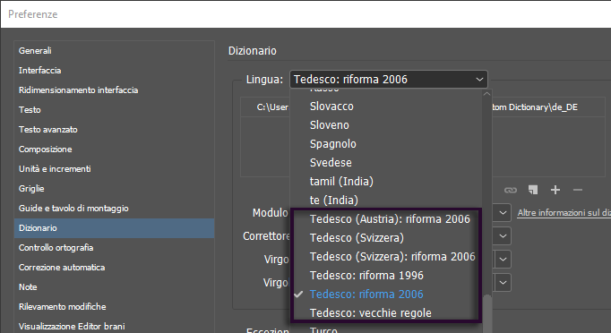 Controllo ortografico e dizionari in InDesign