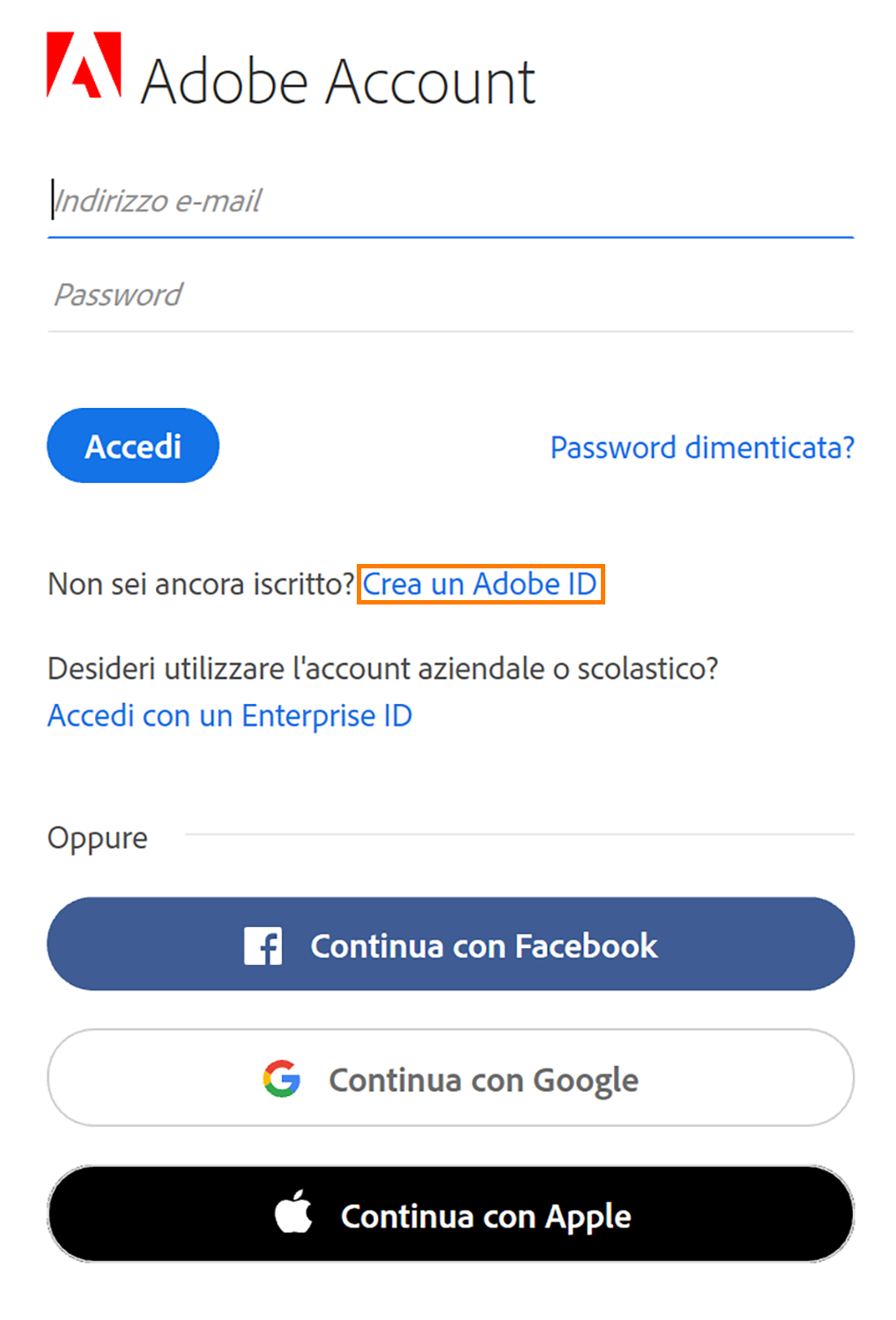 Creazione o aggiornamento dell’Adobe ID