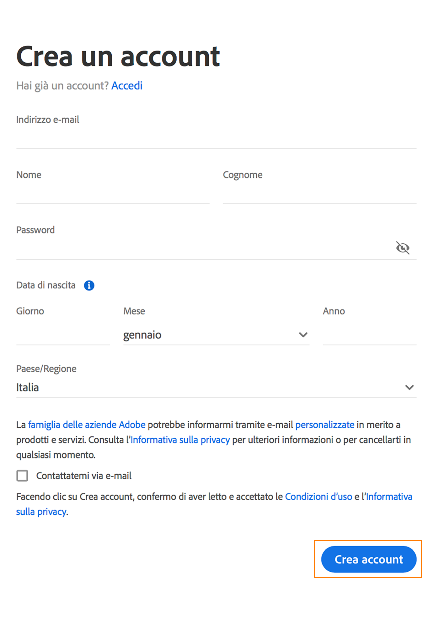 Creazione o aggiornamento dell’Adobe ID
