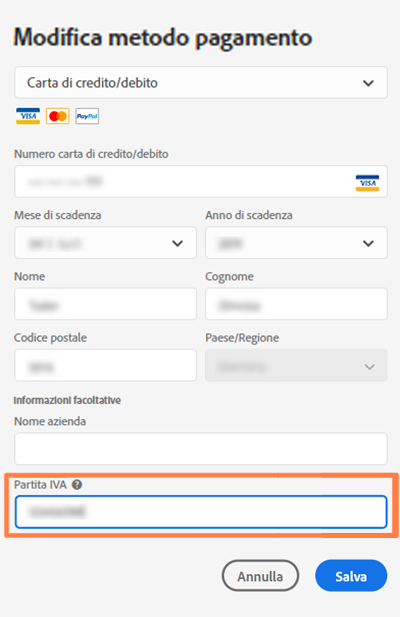 Aggiornamento della partita IVA | Utenti aziendali