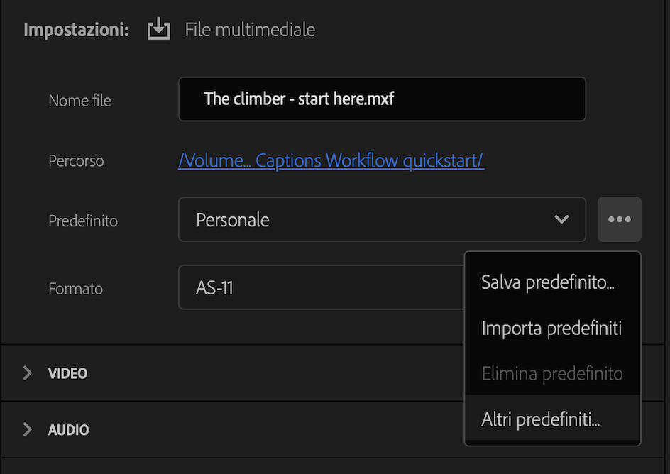 Gestione dei predefiniti di esportazione