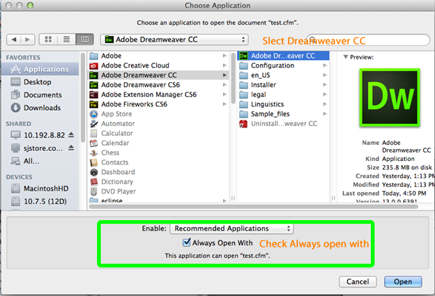 Dreamweaver CC で ColdFusion (CF) ファイルを開く