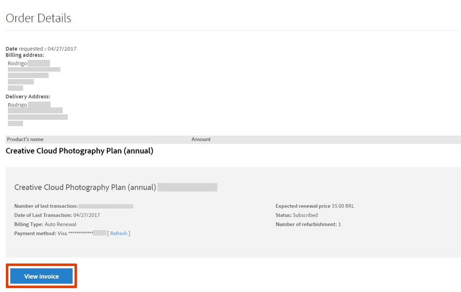 Adobe Creative Cloud サブスクリプションの請求書を印刷します。