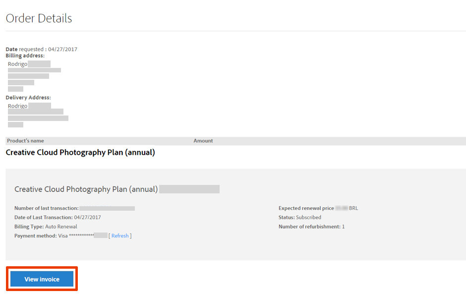 Adobe Creative Cloud 구독에 대한 청구서의 사본을 인쇄합니다.