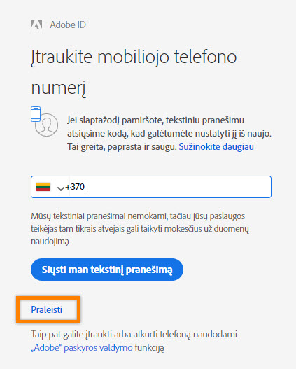 Jūsų telefono numerio panaudojimas paskyrai atkurti