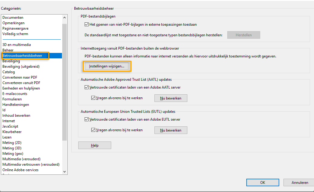Koppelingen naar internet in PDF's toestaan of blokkeren, Adobe Acrobat