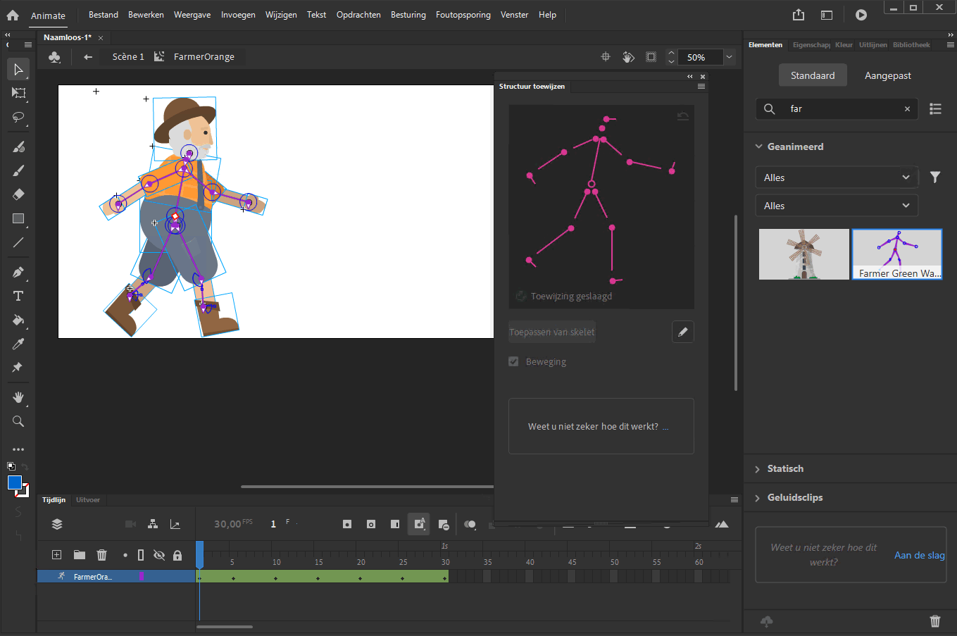 Werken met structuren voor personages in Animate