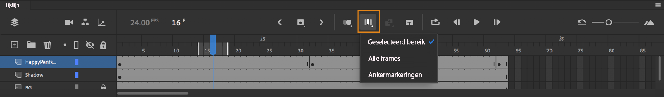 De tijdlijn gebruiken in Animate