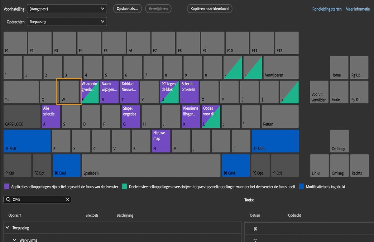Deelvenster Sneltoetsen in Adobe Bridge