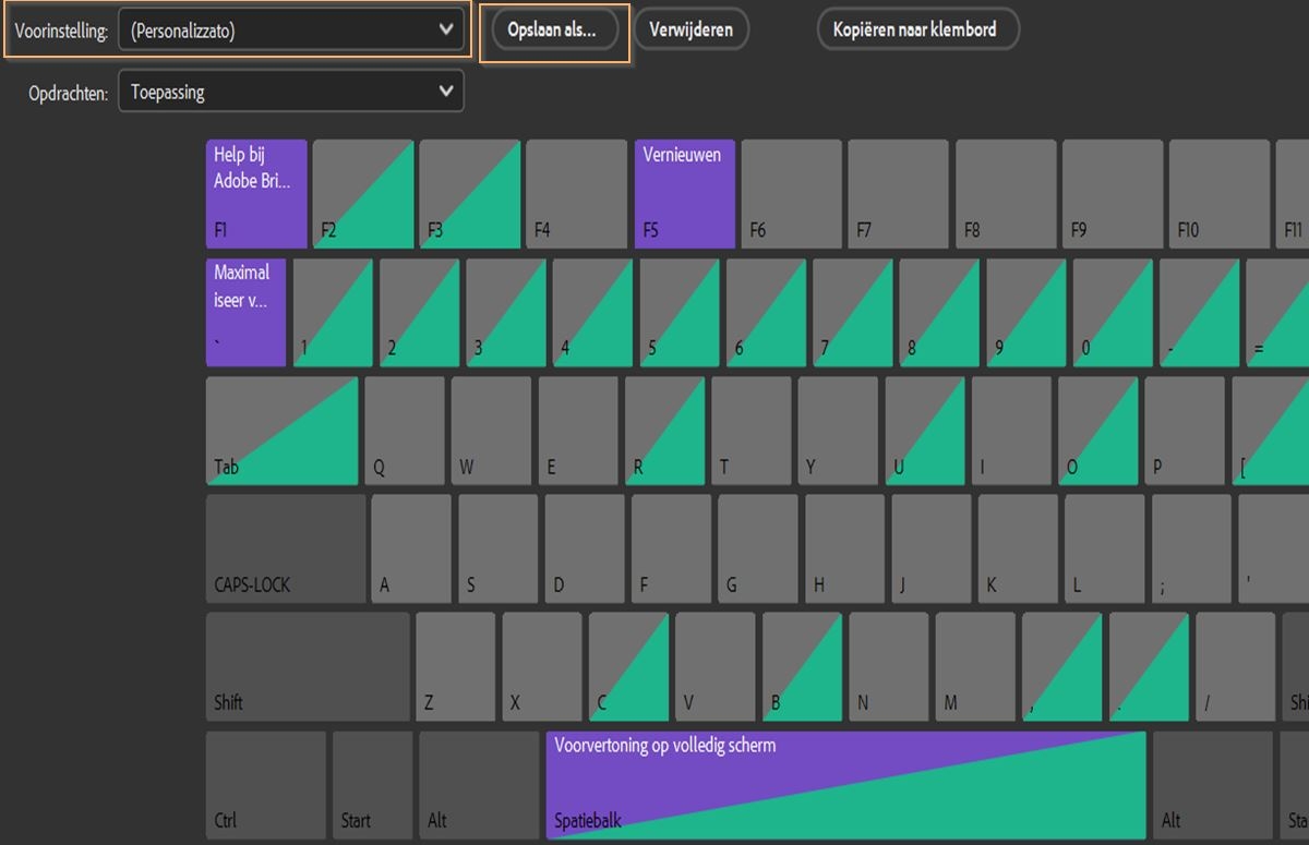 Deelvenster Sneltoetsen in Adobe Bridge