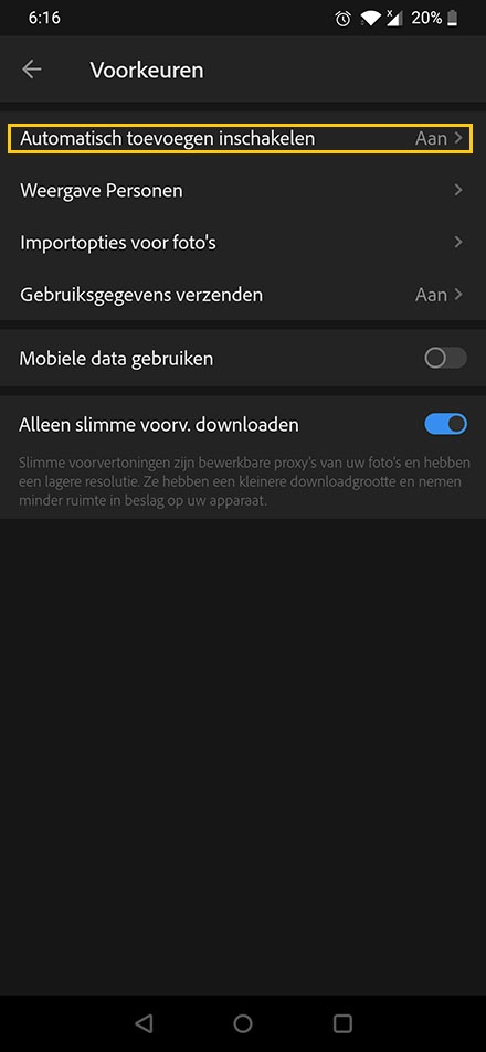 Foto's en video's importeren in Lightroom voor mobiele apparaten (Android).