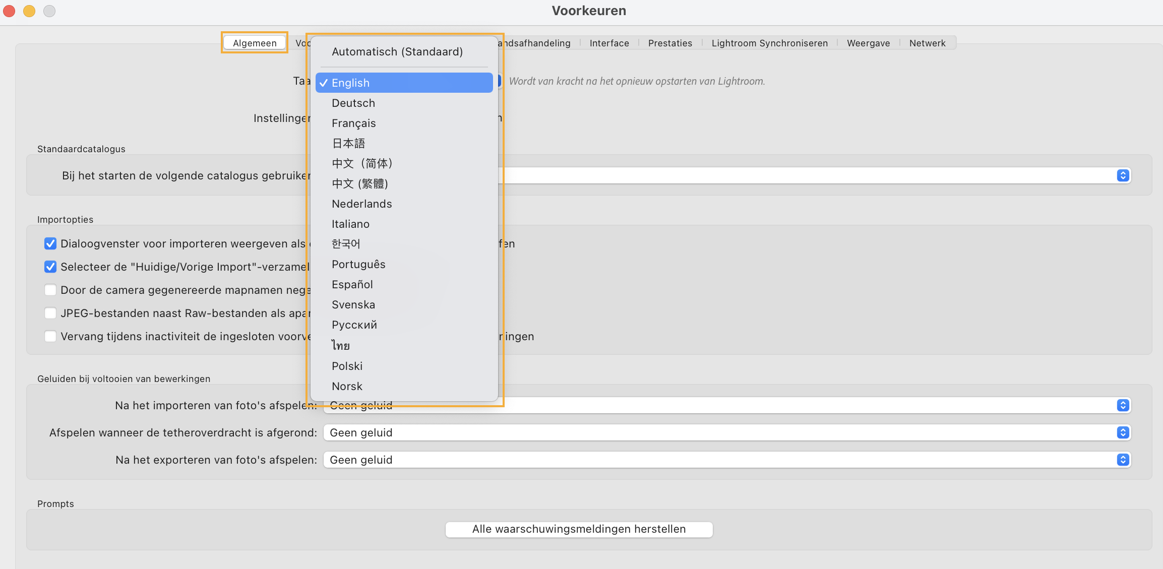 Lightroom Classic wordt geïnstalleerd in de taal van het besturingssysteem