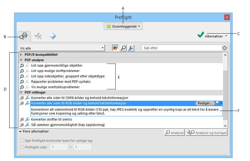 Analysere dokumenter med Preflight-verktøyet (Adobe Acrobat Pro)