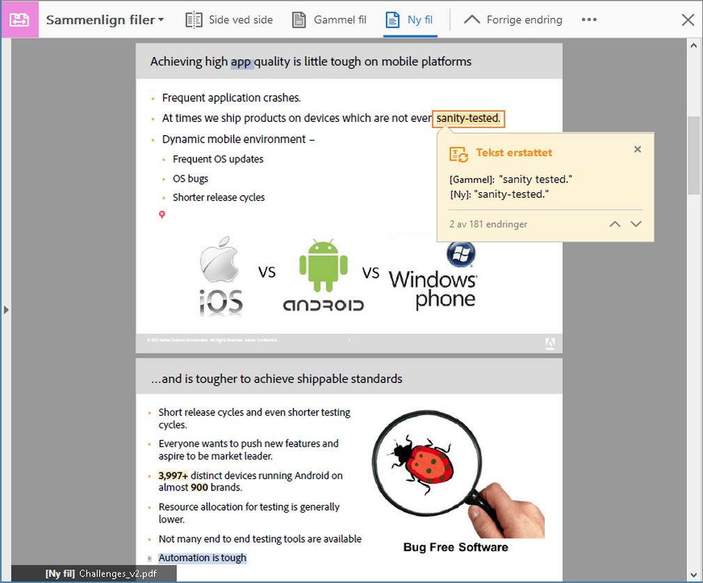 Sammenligne to versjoner av en PDF-fil i Adobe Acrobat