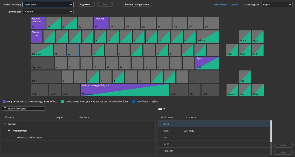 Hurtigtastpanelet i Adobe Bridge