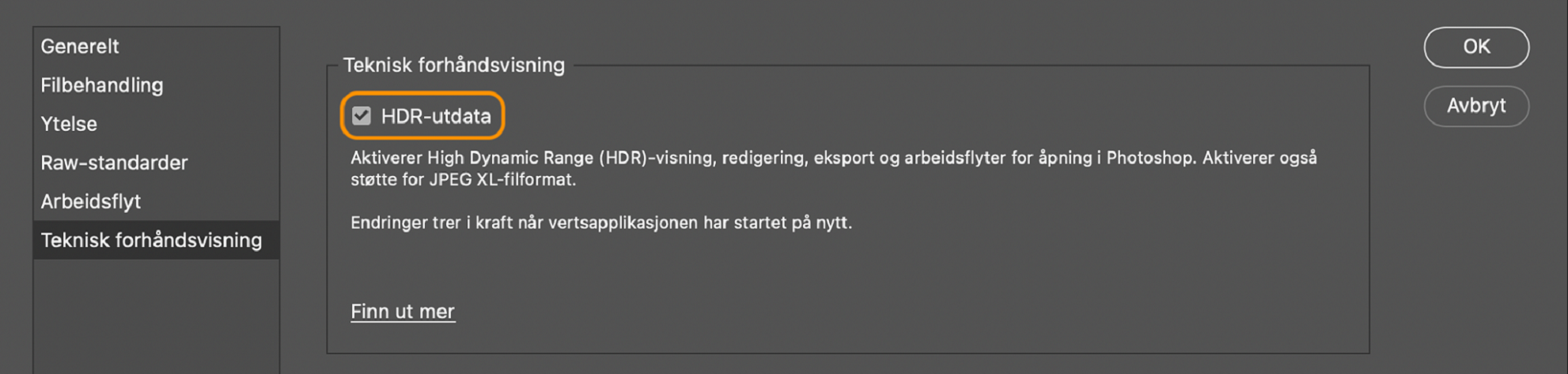 HDR-utdata (teknisk forhåndsvisning)