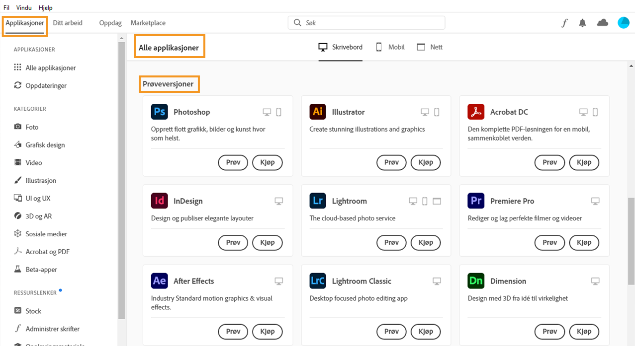 Laste ned og installere en prøveversjon av Creative Cloud
