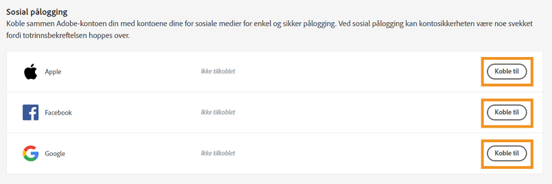 Koble en konto for sosiale medier til Adobe-kontoen din