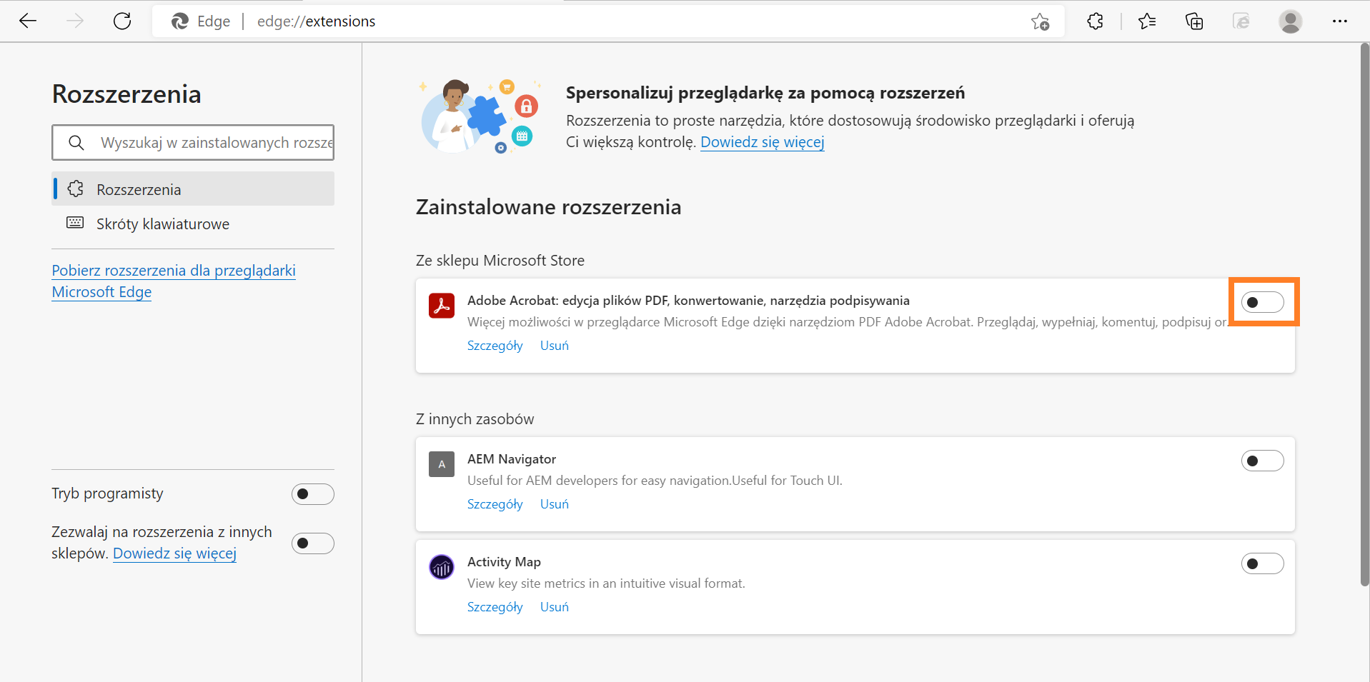Włączanie rozszerzenia Adobe Acrobat dla przeglądarki Microsoft Edge
