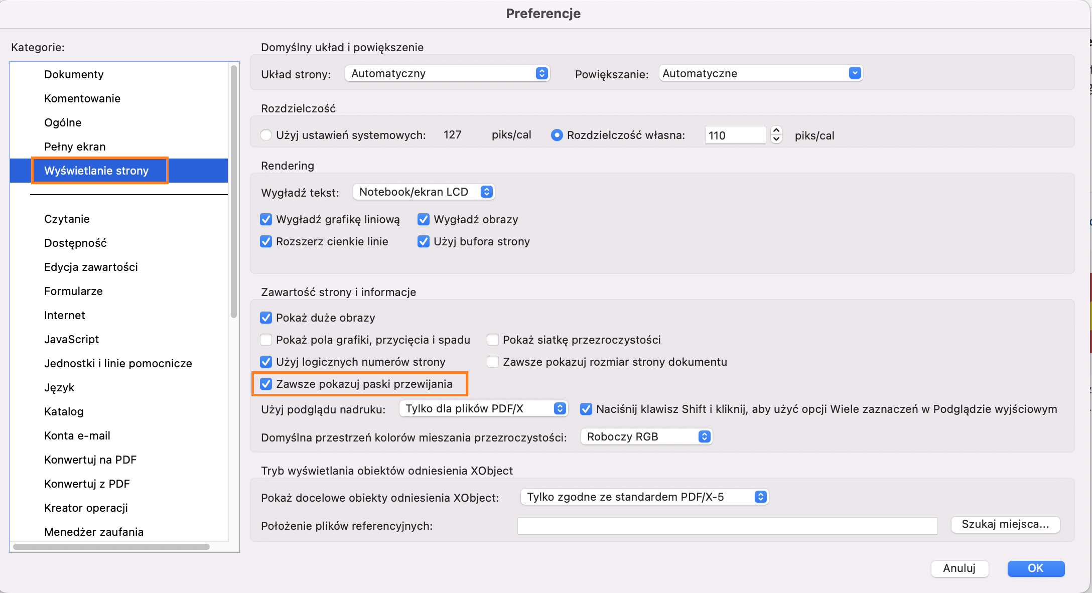 Aktualizacje struktury przewijania programu Acrobat dla systemu macOS.