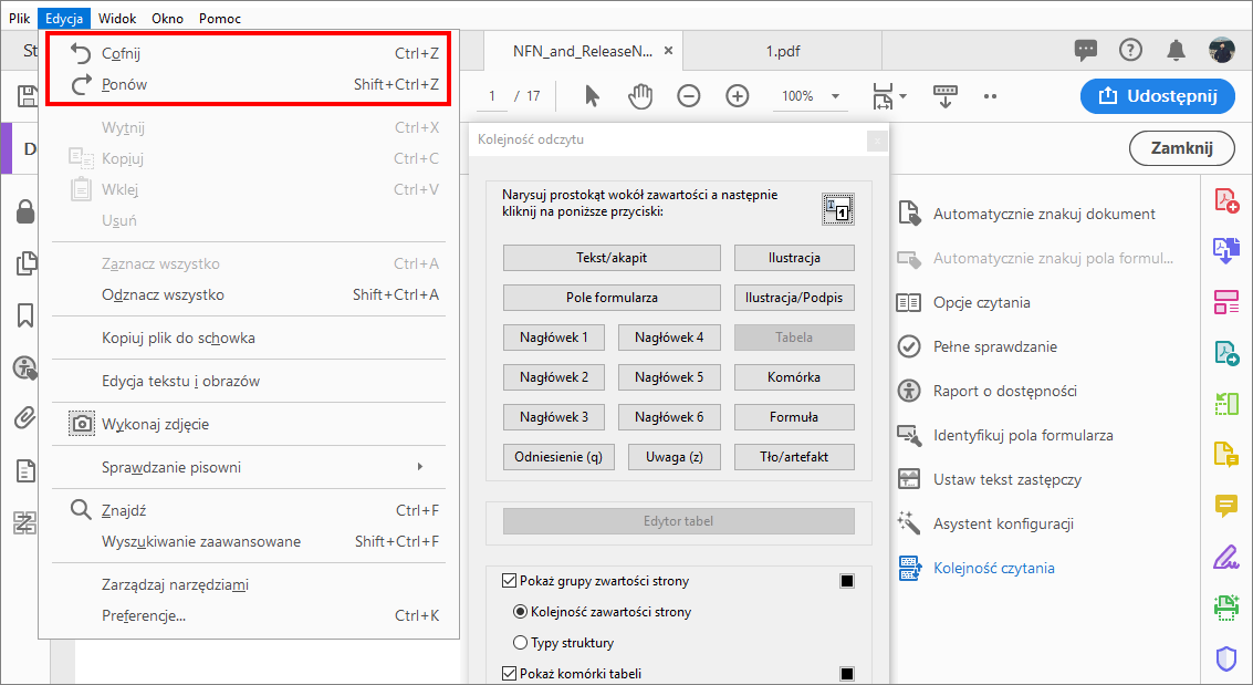 Narzędzie Kolejność odczytu dla plików PDF (Adobe Acrobat Pro)