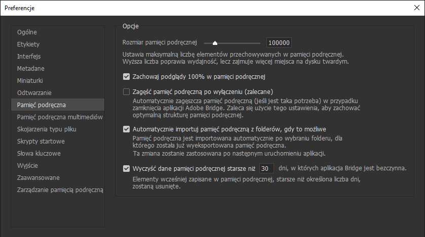 Praca z pamięcią podręczną w programie Adobe Bridge