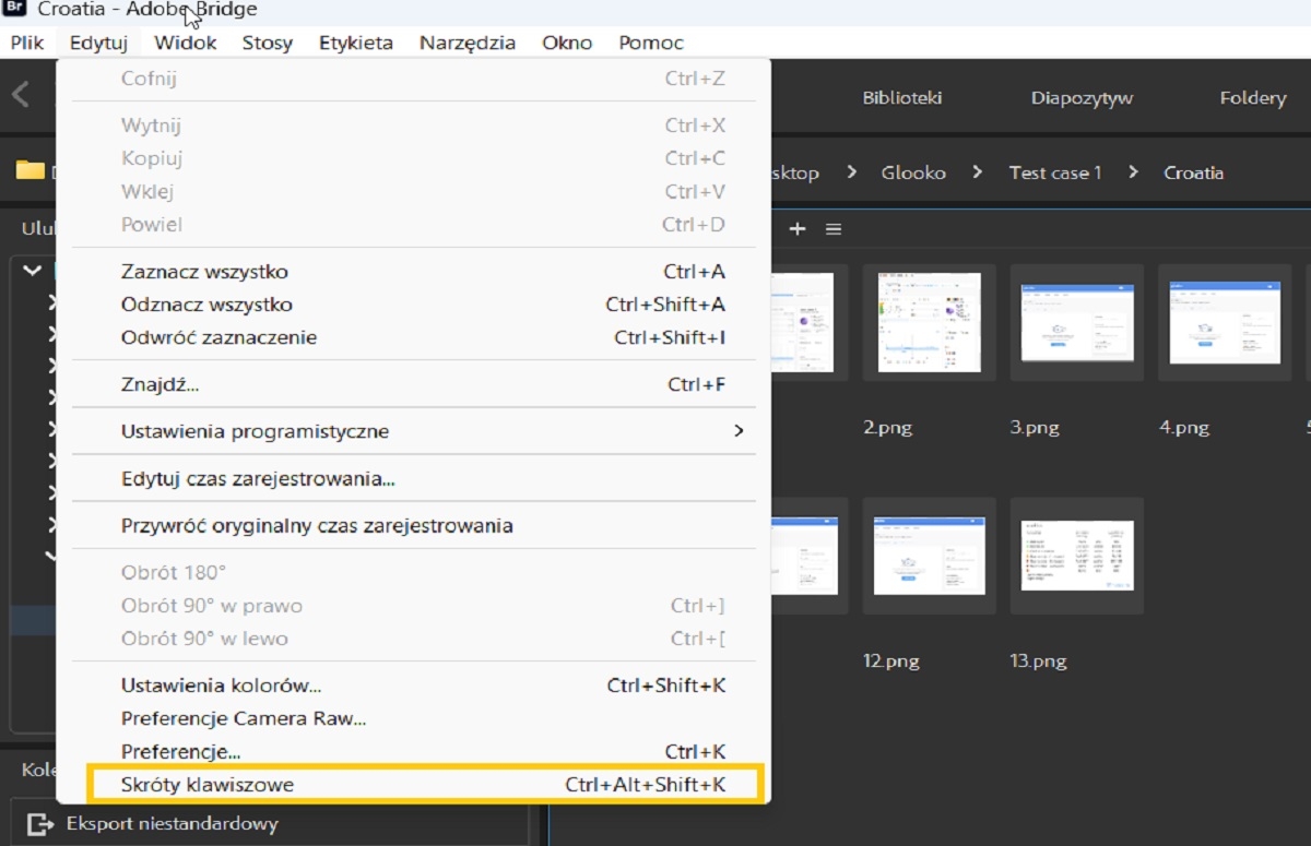 Panel Skróty klawiaturowe w programie Adobe Bridge