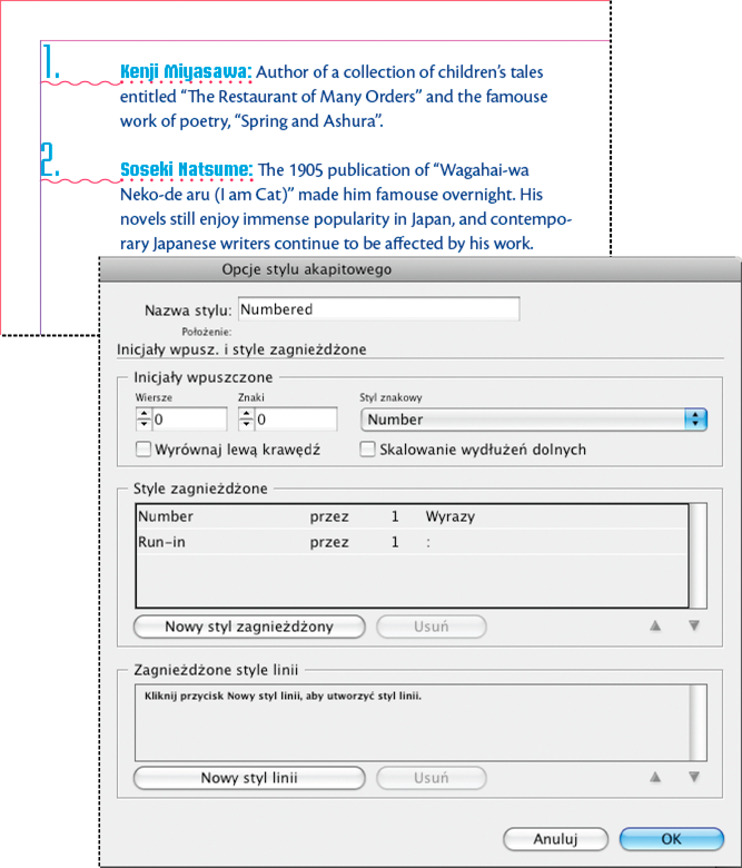 Inicjały wpuszczone i style zagnieżdżone w programie InDesign