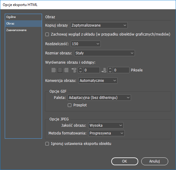 Eksport zawartości do formatu HTML w programie InDesign CC