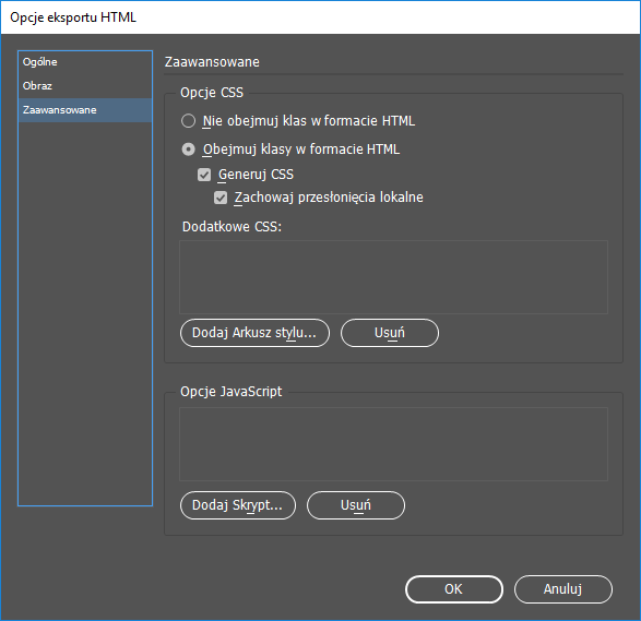 Eksport zawartości do formatu HTML w programie InDesign CC