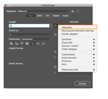 Znajdowanie i zastępowanie tekstu w programie InDesign