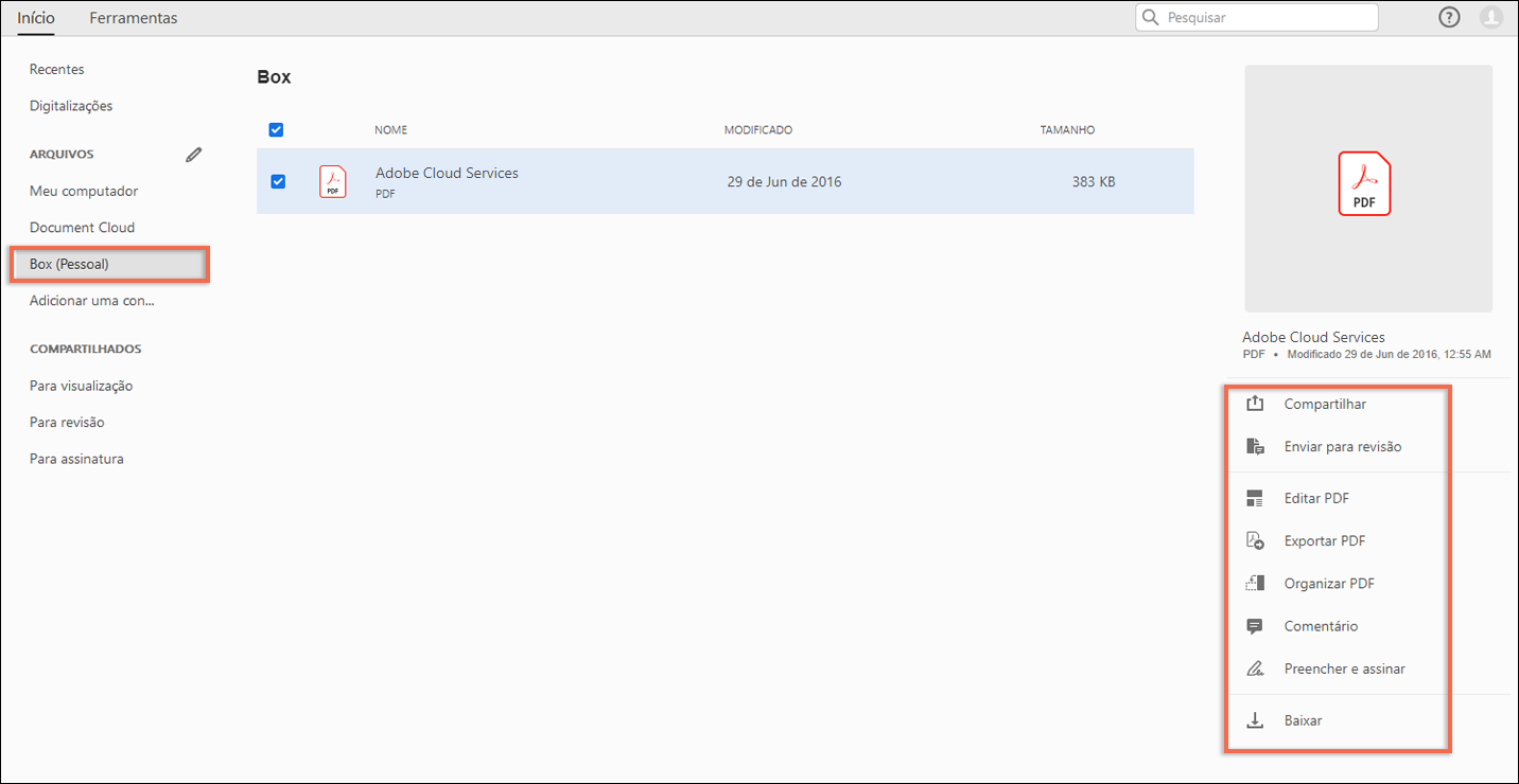 Acesso aos arquivos do Box no Acrobat/Reader