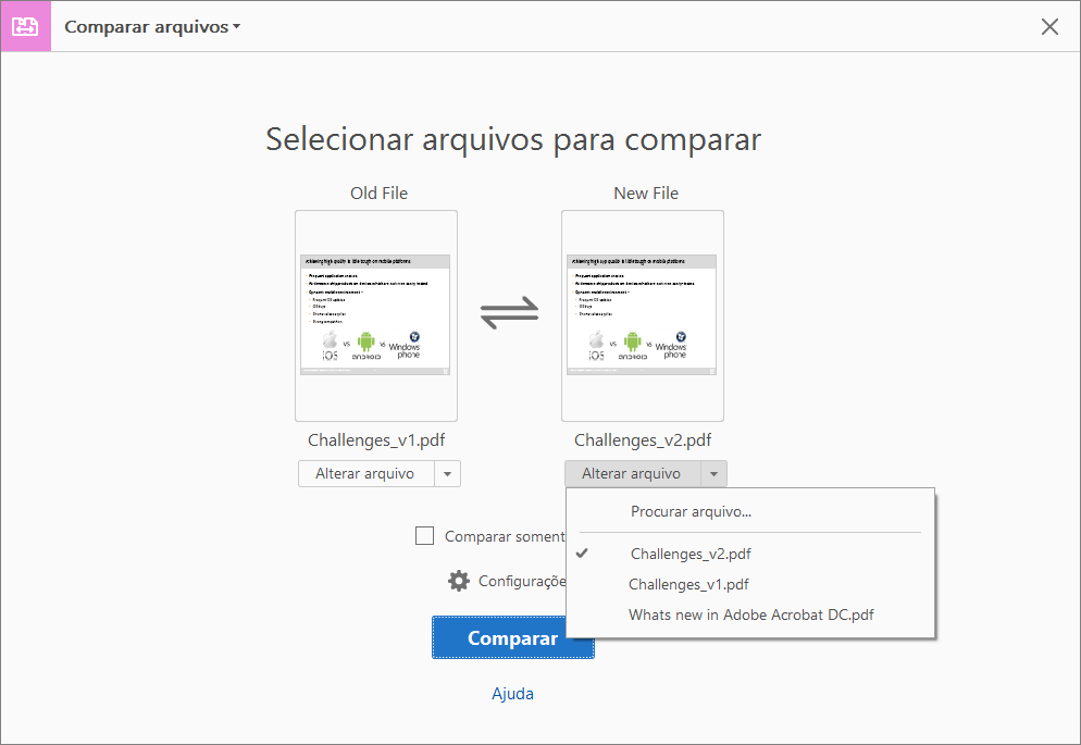 Compare duas versões de um arquivo PDF no Adobe Acrobat