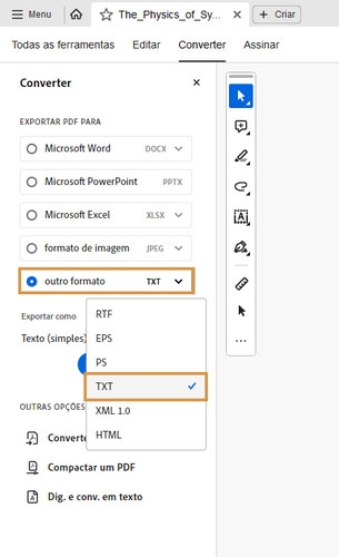 Opções de formato de arquivo para exportação de PDF, Adobe Acrobat