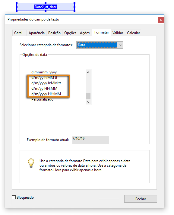 Adicionar dica de ferramenta, data e hora, Necessário ou não, texto de ...