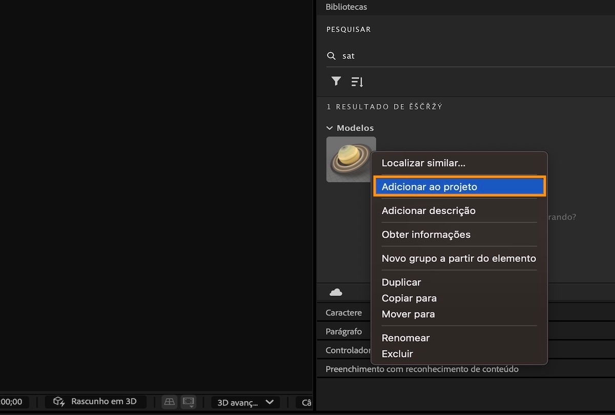 Importação de modelos 3D das bibliotecas da Creative Cloud