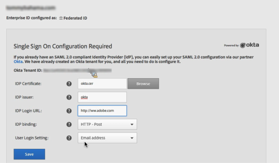 Configurar Okta para uso com Adobe SSO