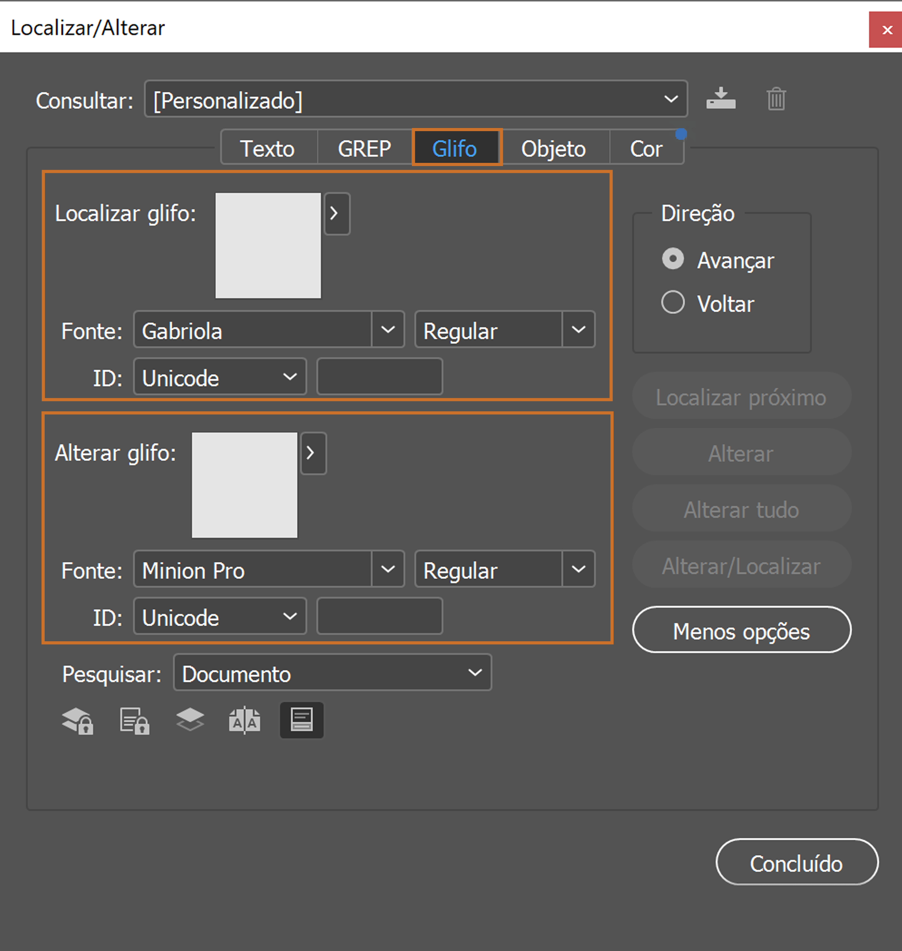Localizar e substituir glifos