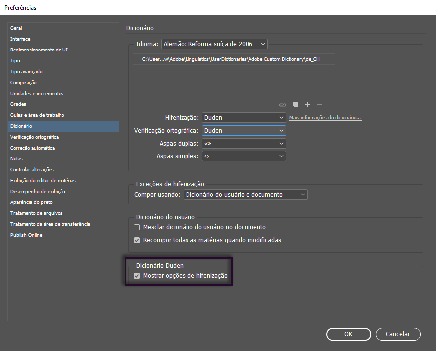 Dicionários de verificação ortográfica e de idiomas no InDesign